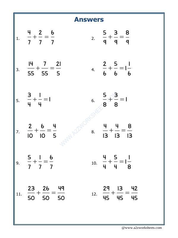 A2Zworksheets:Worksheet of Let's Practice Fraction Addition-03 ...