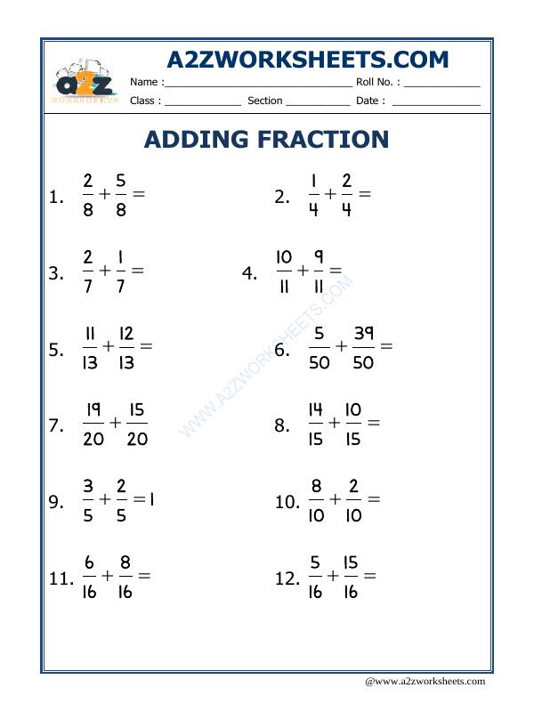 A2Zworksheets:Worksheet of Let's Practice Fraction Addition-05-Fractions-Maths