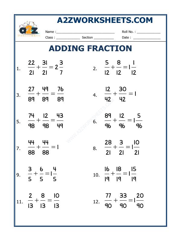 A2Zworksheets:Worksheet of Let'S Practice Fraction Addition-16 ...