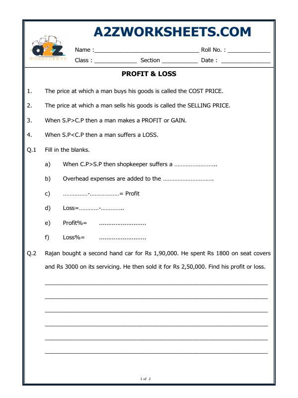 A2Zworksheets:Worksheet of Profit and Loss-Measurement-Maths