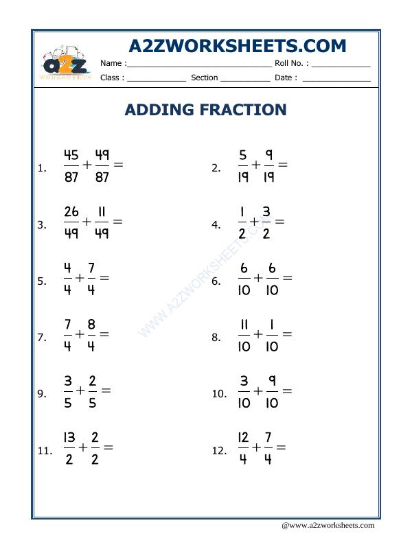 A2Zworksheets:Worksheet of Let'S Practice Fraction Addition-20 ...