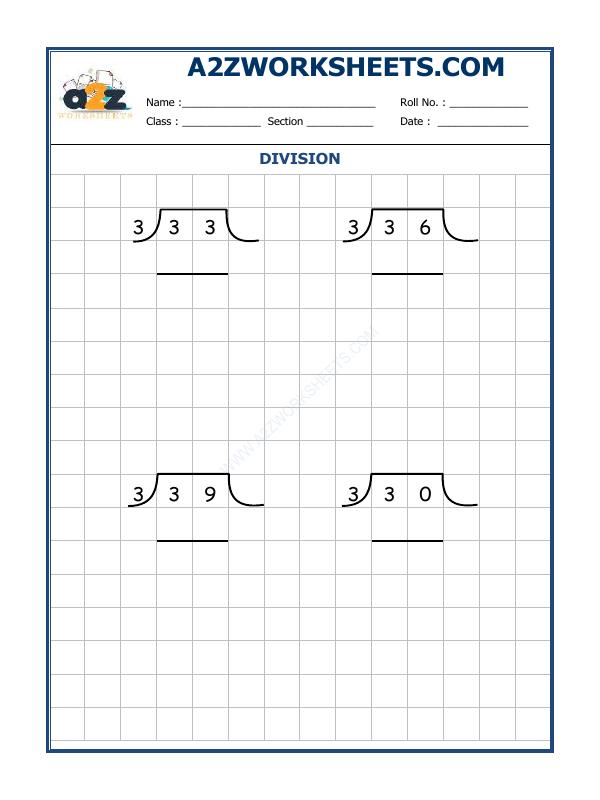 A2Zworksheets:Worksheet of Division By 3 - 3-Division-Maths