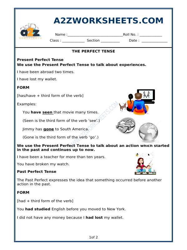 A2Zworksheets:Worksheet of The Perfect Tense-Grammar-English