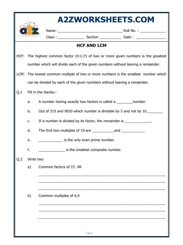 A2Zworksheets:Worksheet of Lcm and Hcf-LCM and HCM-Maths