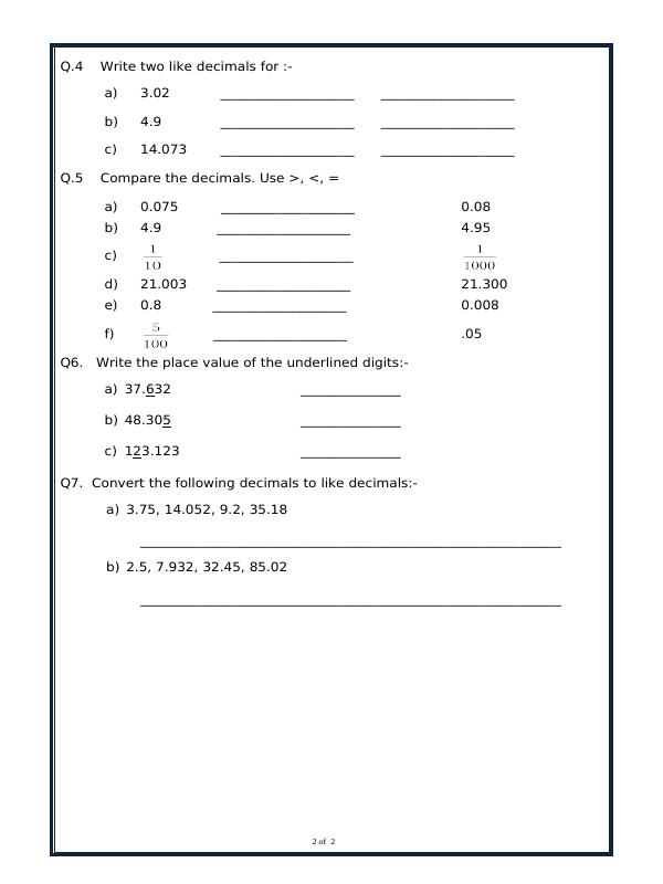 A2Zworksheets:Worksheet of Decimals-Decimals-Maths