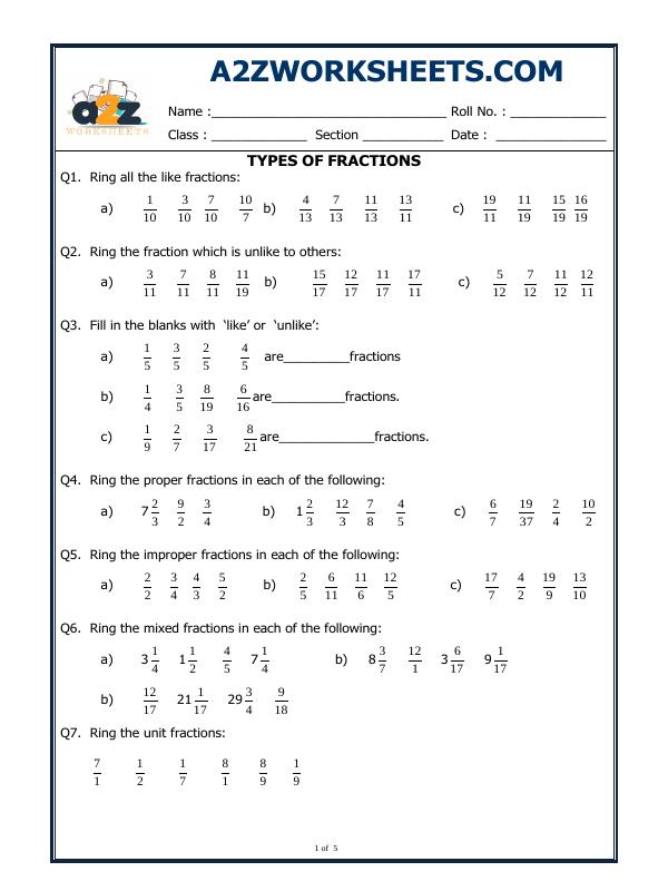 A2Zworksheets:Worksheet of Types Of Fractions-Fractions-Maths