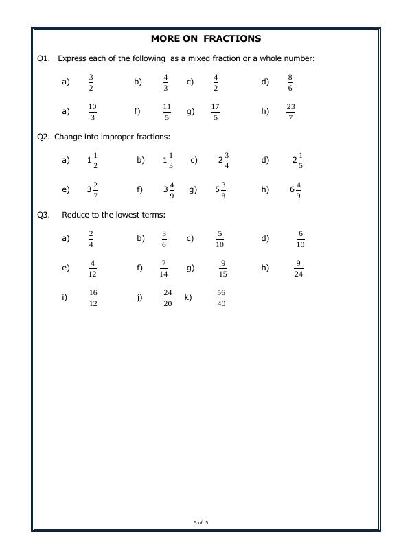 A2Zworksheets:Worksheet of Types Of Fractions-Fractions-Maths