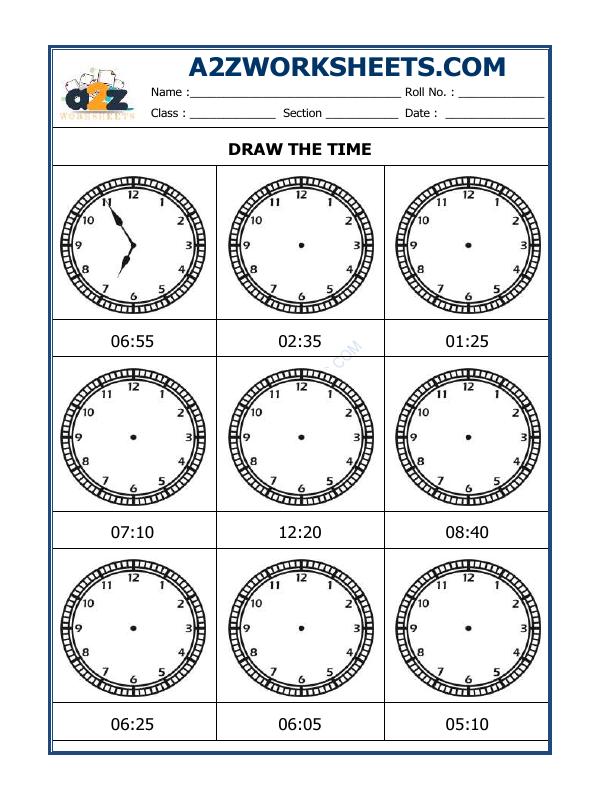 A2Zworksheets:Worksheet of Draw The Time - 04-Measurement-Maths