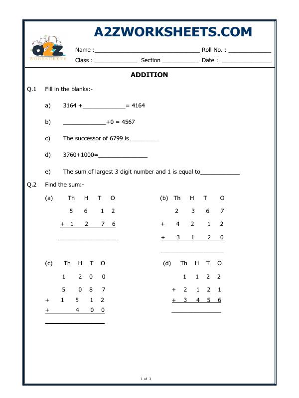 A2Zworksheets:Worksheet of Addition-Addition-Maths