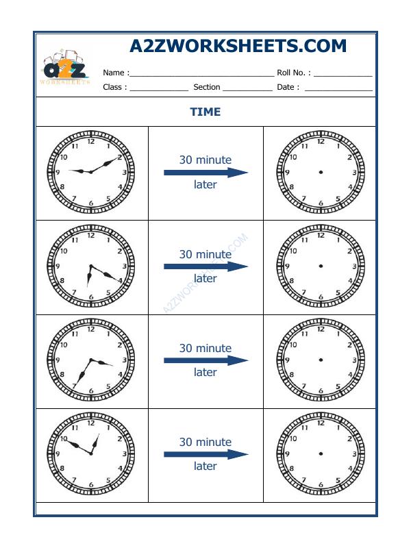 A2Zworksheets:Worksheet of Telling Time - 30 Minutes Interval (Draw The ...