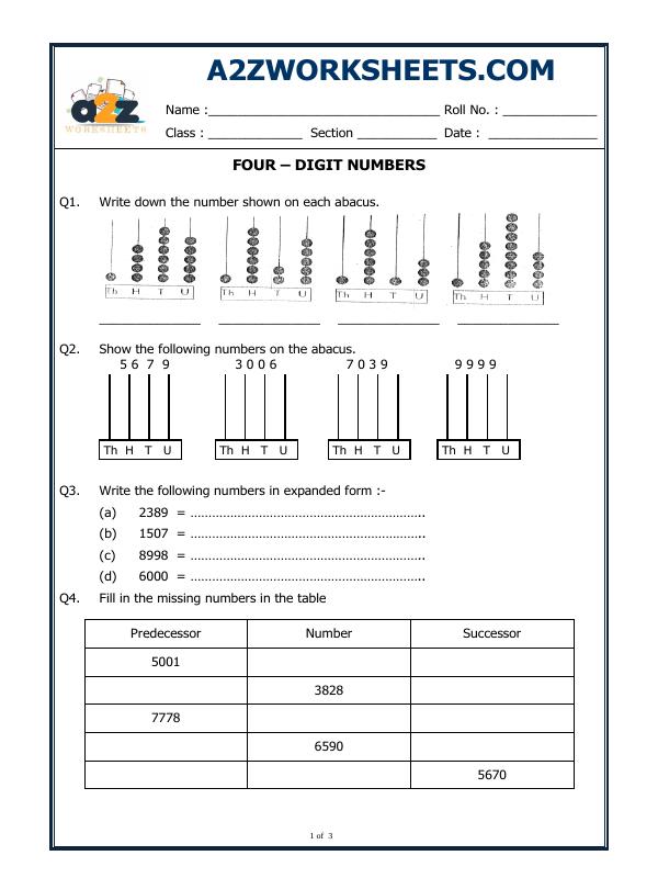 A2Zworksheets:Worksheet of Digit Numbers-Numbers-Maths