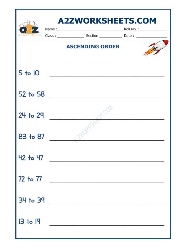A2Zworksheets:Worksheet of Ascending Order - 01-Numbers-Maths