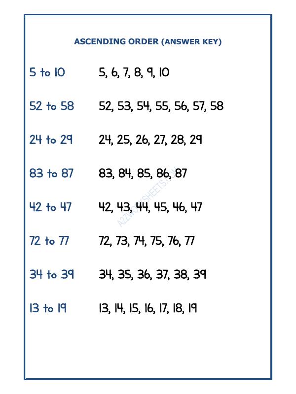 A2Zworksheets:Worksheet of Ascending Order - 01-Numbers-Maths