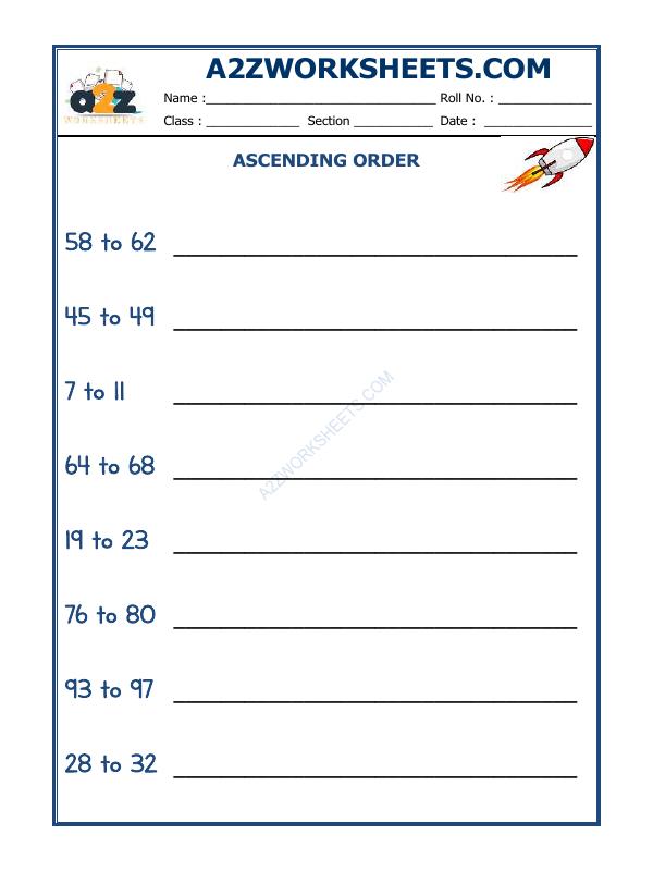 A2Zworksheets:Worksheet of Ascending Order-09-Numbers-Maths