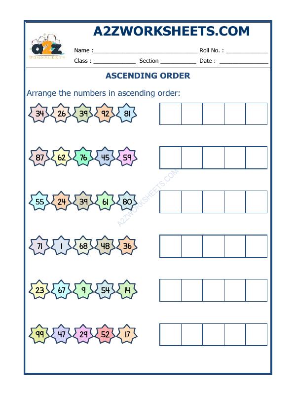 A2Zworksheets:Worksheet of Ascending Order-14-Numbers-Maths