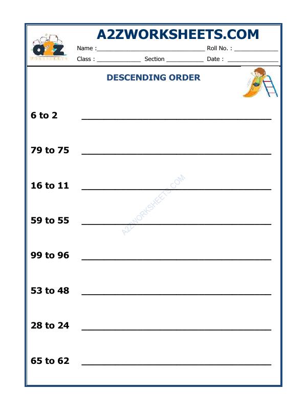 A2Zworksheets:Worksheet of Descending Order-06-Numbers-Maths