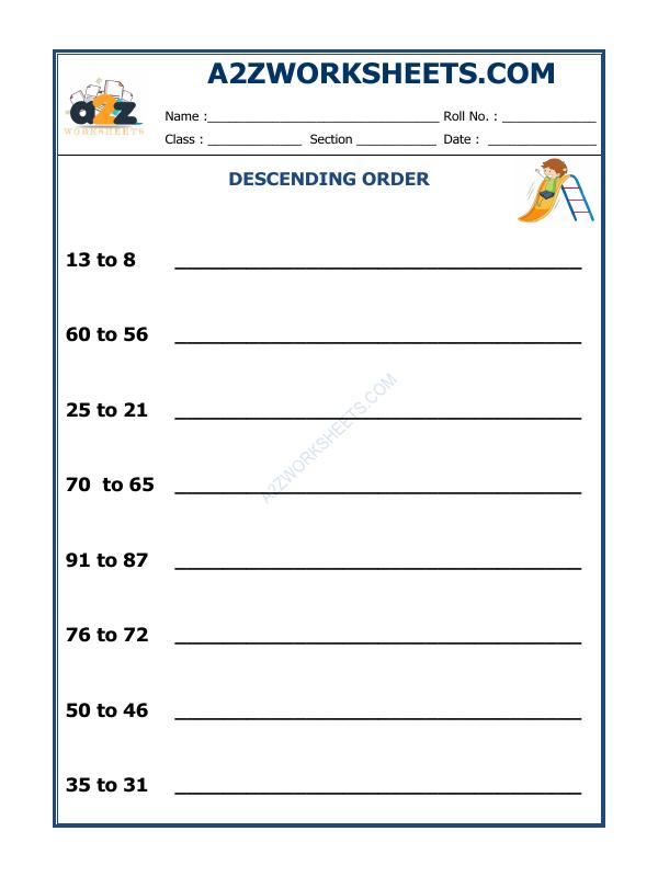 A2Zworksheets:Worksheet of Descending Order - 08-Numbers-Maths