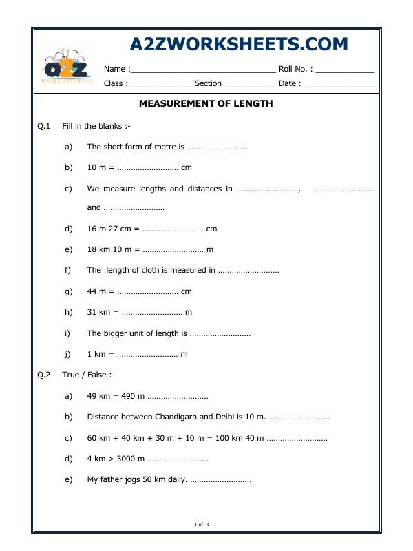 A2Zworksheets:Worksheet of Measurement Of Length-Measurement-Maths