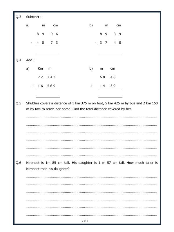 A2Zworksheets:Worksheet of Measurement Of Length-Measurement-Maths