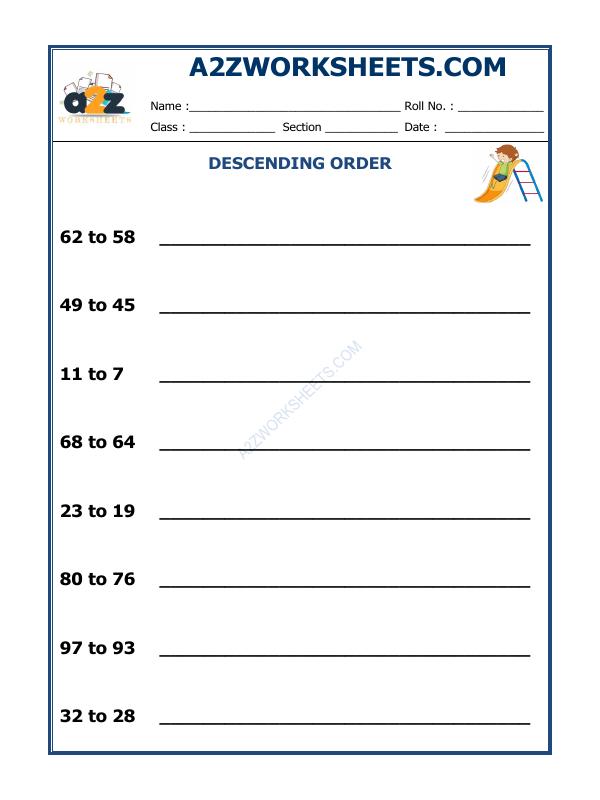 A2Zworksheets:Worksheet of Descending Order-11-Numbers-Maths