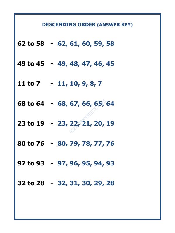 A2Zworksheets:Worksheet of Descending Order-11-Numbers-Maths
