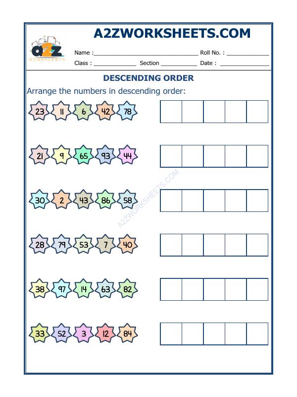 A2Zworksheets:Worksheet of Descending Order-13-Numbers-Maths