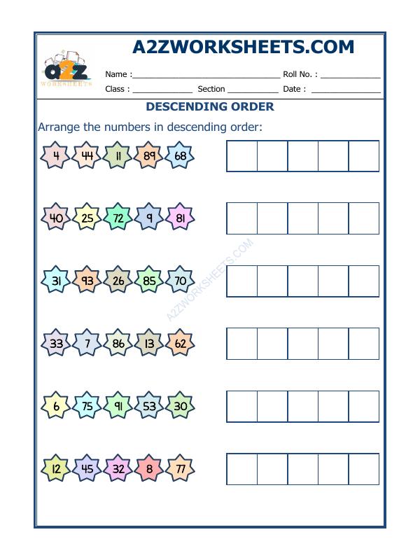 A2Zworksheets:Worksheet of Descending Order - 17-Numbers-Maths