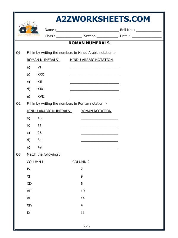 A2Zworksheets:Worksheet of Roman Numerals-Numbers-Maths