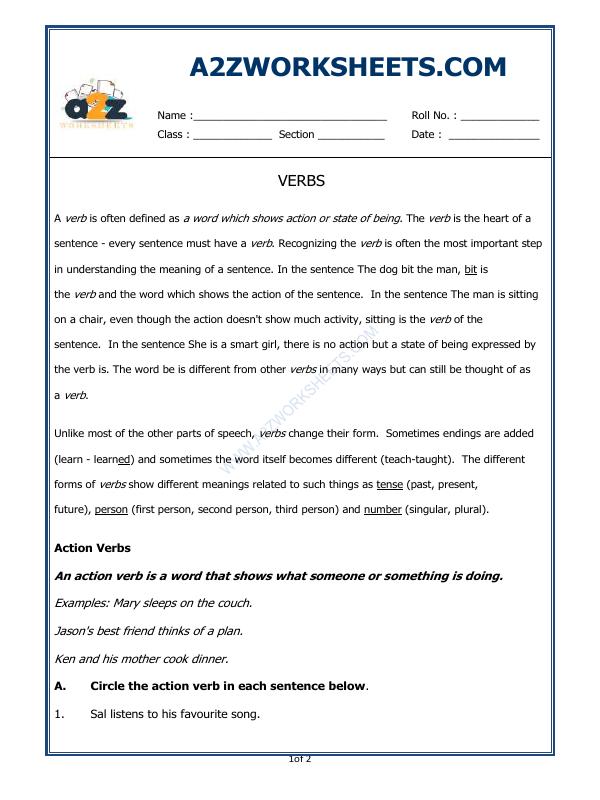 A2Zworksheets:Worksheet of Verbs-Grammar-English