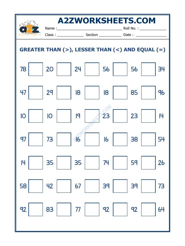 A2Zworksheets:Worksheet of Put The Sign Greater, Lesser And Equal To-15 ...