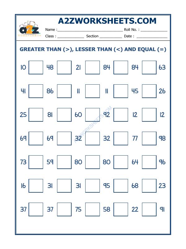 A2Zworksheets:Worksheet of Put The Sign Greater, Lesser And Equal To ...