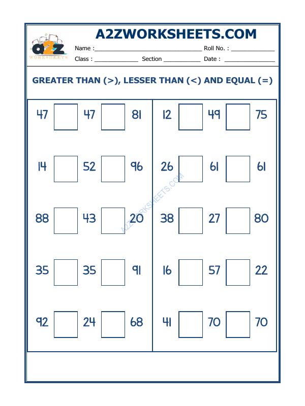 A2Zworksheets:Worksheet of Put The Sign Greater, Lesser And Equal To-29 ...
