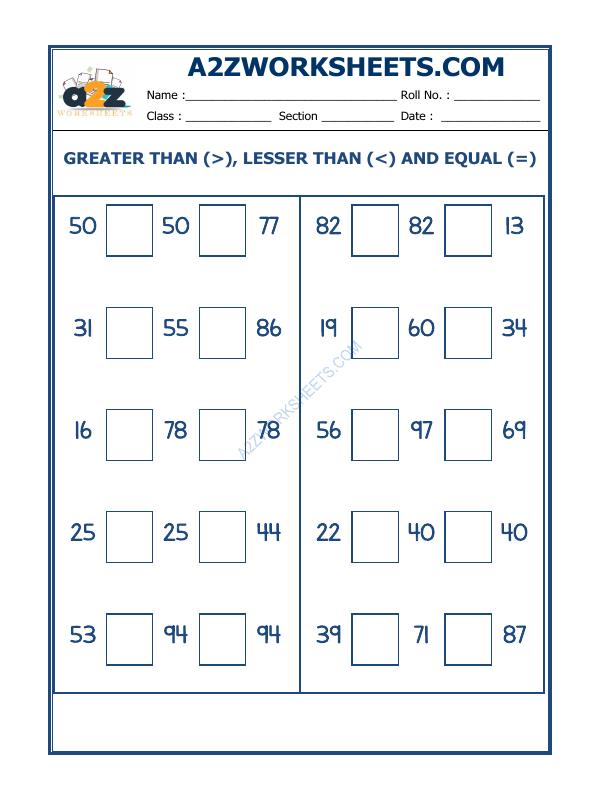 A2Zworksheets:Worksheet of Put The Sign Greater, Lesser And Equal To ...
