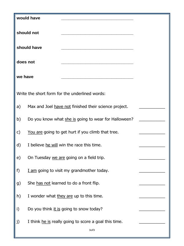A2Zworksheets:Worksheet of Contractions (Short Forms)-Grammar-English