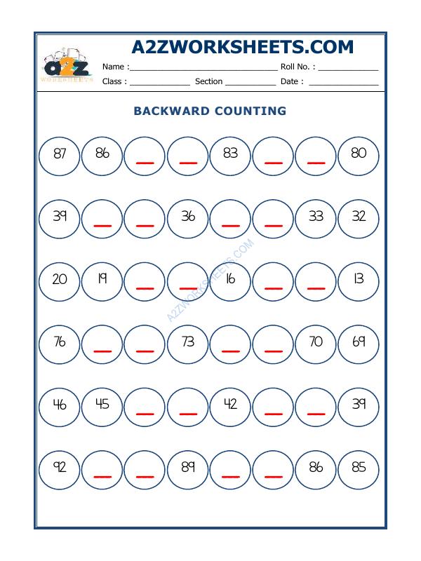A2Zworksheets:Worksheet of Backward Counting - 15-Numbers-Maths