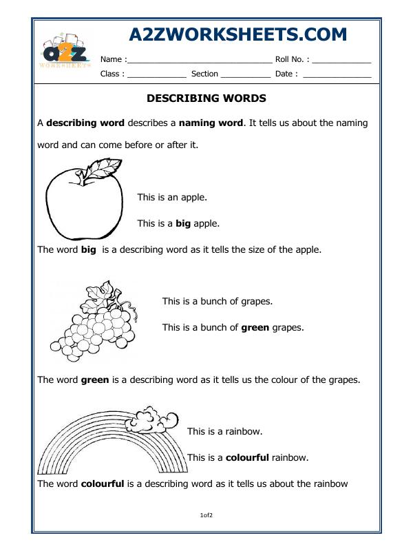 A2Zworksheets:Worksheet of Describing Words-Grammar-English