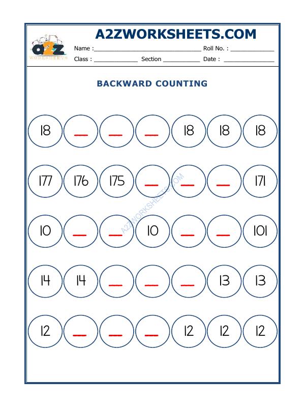 A2Zworksheets:Worksheet of Backward Counting - 33-Numbers-Maths
