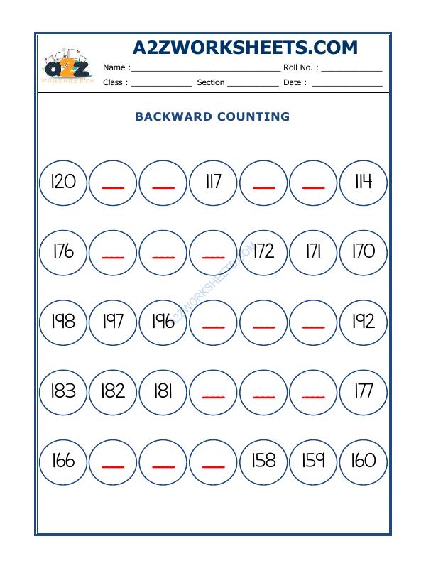 A2Zworksheets:Worksheet of Backward Counting - 38-Numbers-Maths