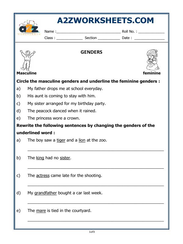 A2Zworksheets:Worksheet of Genders-Grammar-English