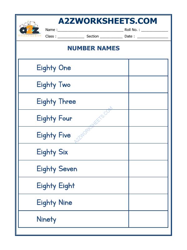 A2Zworksheets:Worksheet of Number Names - 15-Numbers-Maths