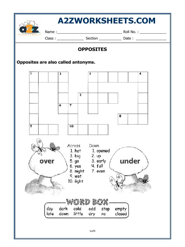 A2Zworksheets:Worksheet of Opposites-Grammar-English