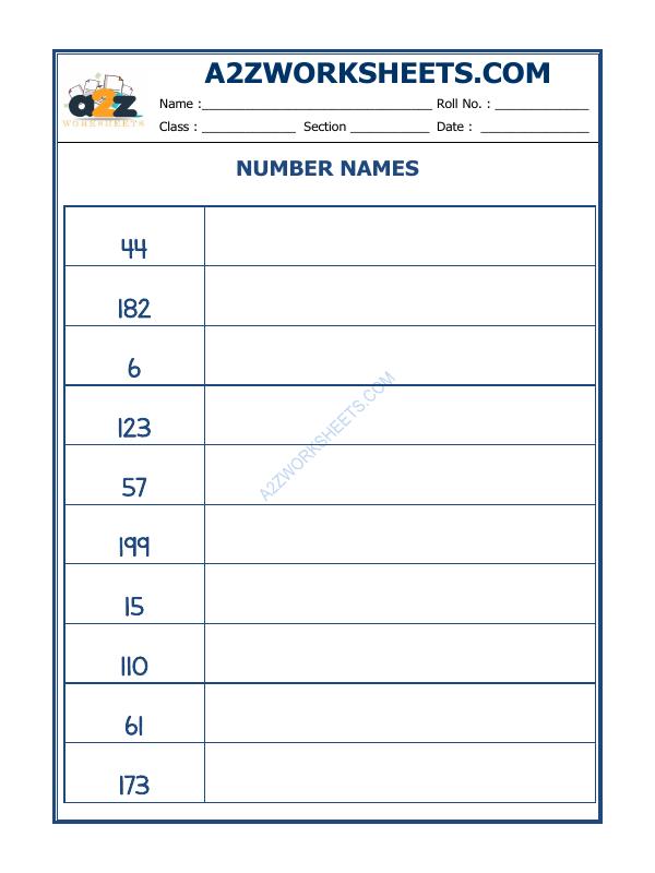 A2Zworksheets:Worksheet of Number Names - 61-Numbers-Maths