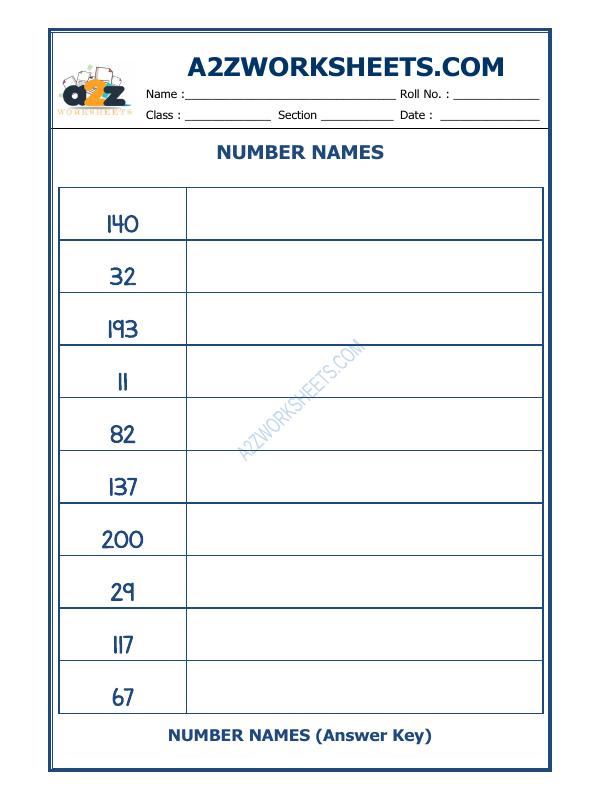 A2Zworksheets:Worksheet of Number Names - 62-Numbers-Maths