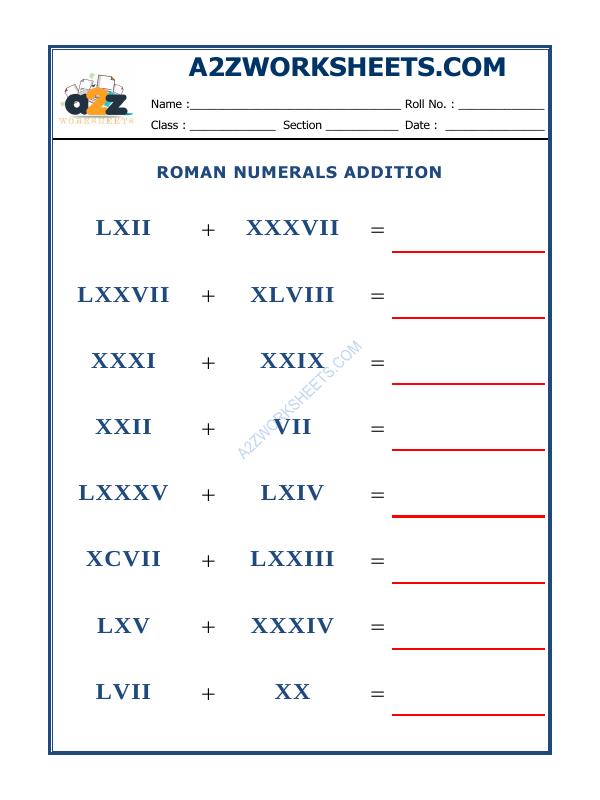 A2Zworksheets:Worksheet of Roman Numerals - 12-Numbers-Maths