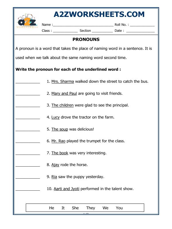 A2Zworksheets:Worksheet of Pronouns-Grammar-English