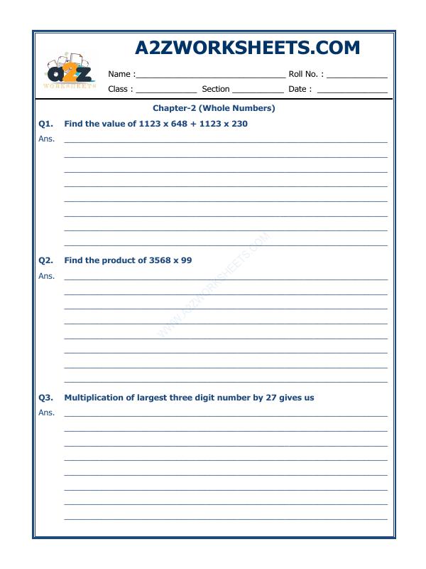 A2Zworksheets:Worksheet of Whole Numbers - 07-Numbers-Maths