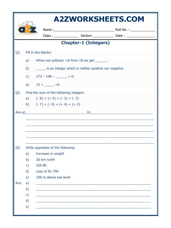 A2Zworksheets:Worksheet of Integers - 02-Integers-Maths