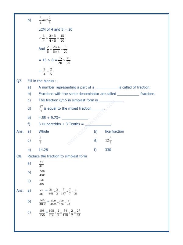 A2Zworksheets:Worksheet of Fractions - 03-Fractions-Maths