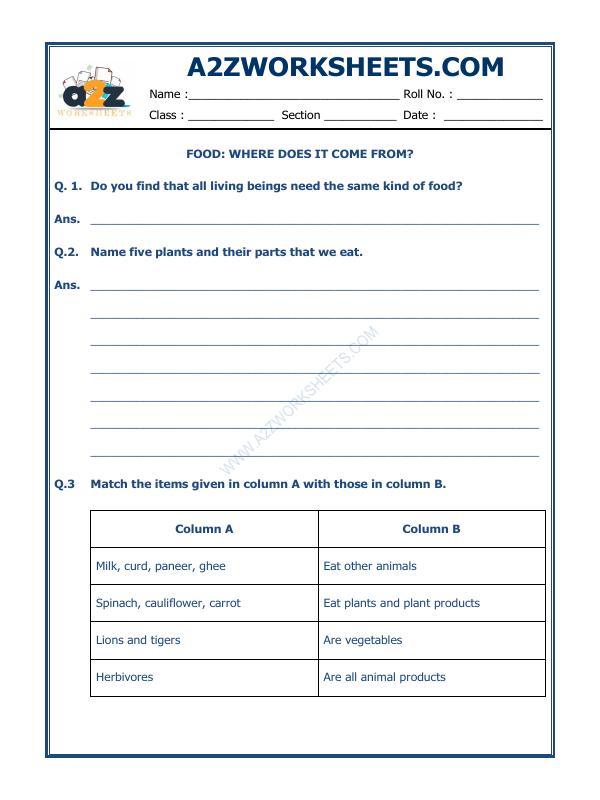 A2Zworksheets:Worksheet of Food Where Does It Come From-02-Basic ...