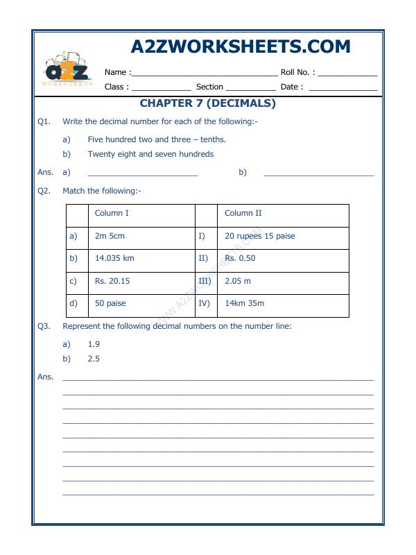 A2Zworksheets:Worksheet of Decimals - 01-Decimals-Maths